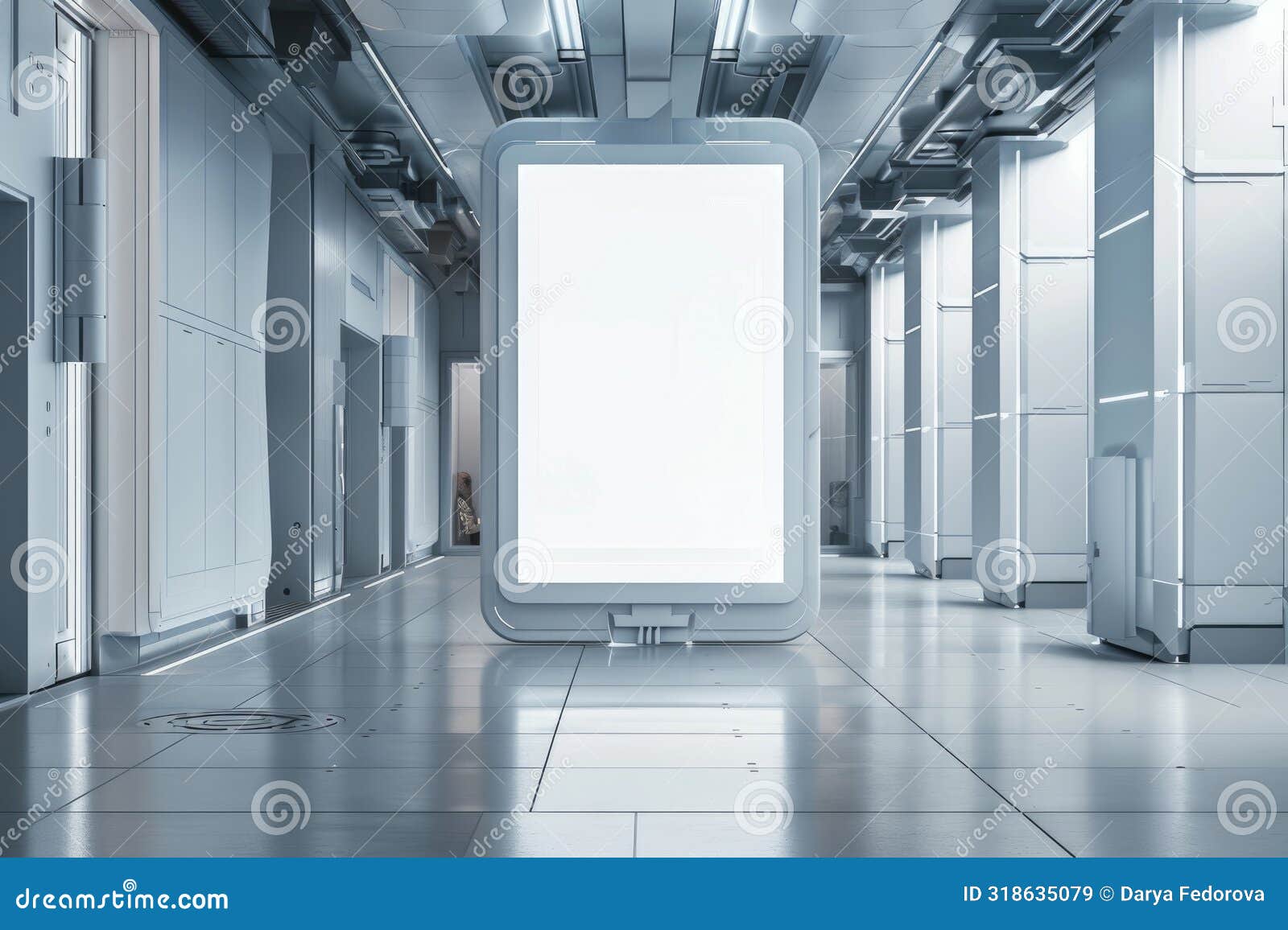 Futuristic Data Center Corridor with Illuminated Blank Billboard Stock ...