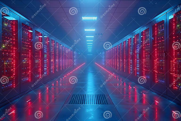 Futuristic Data Center Corridor with Illuminated Server Racks in Blue ...