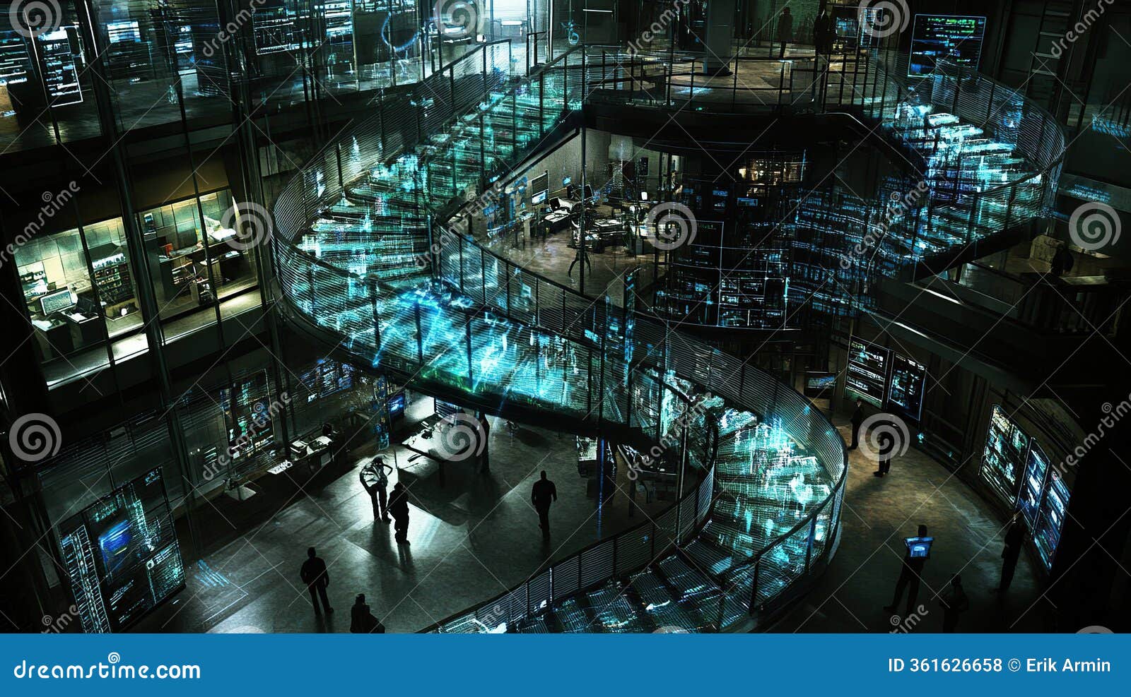 Futuristic Data Center, Curved Staircase, Analysts Working, Night Stock ...