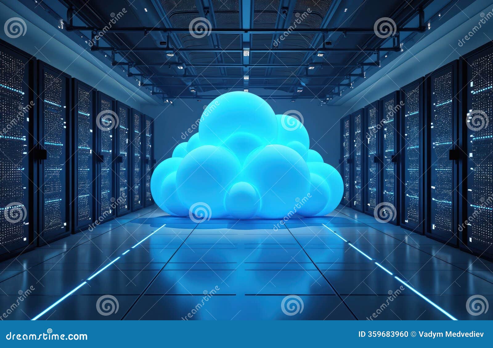 Futuristic Data Center. Glowing Blue Cloud Center. Modern Tech Hardware ...