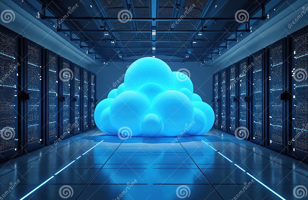 Futuristic Data Center. Glowing Blue Cloud Center. Modern Tech Hardware ...