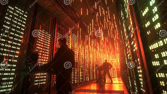 Futuristic Data Center with Glowing Server Racks and Flowing Binary ...