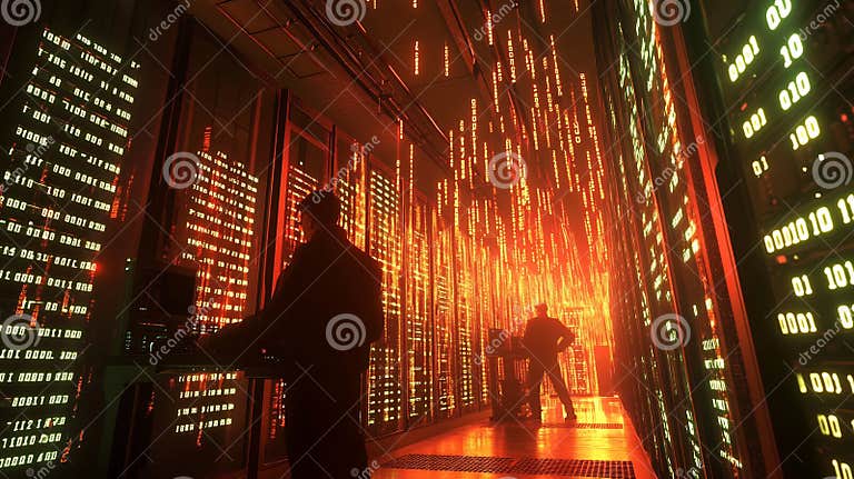 Futuristic Data Center with Glowing Server Racks and Flowing Binary ...