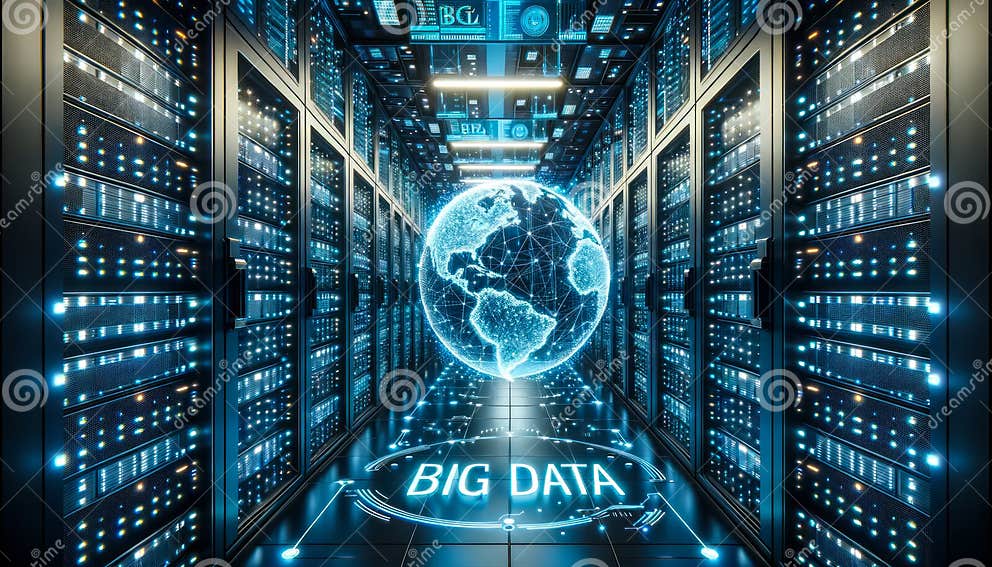 Futuristic Data Center with Glowing Server Racks Stretching Endlessly. in the Center a ...