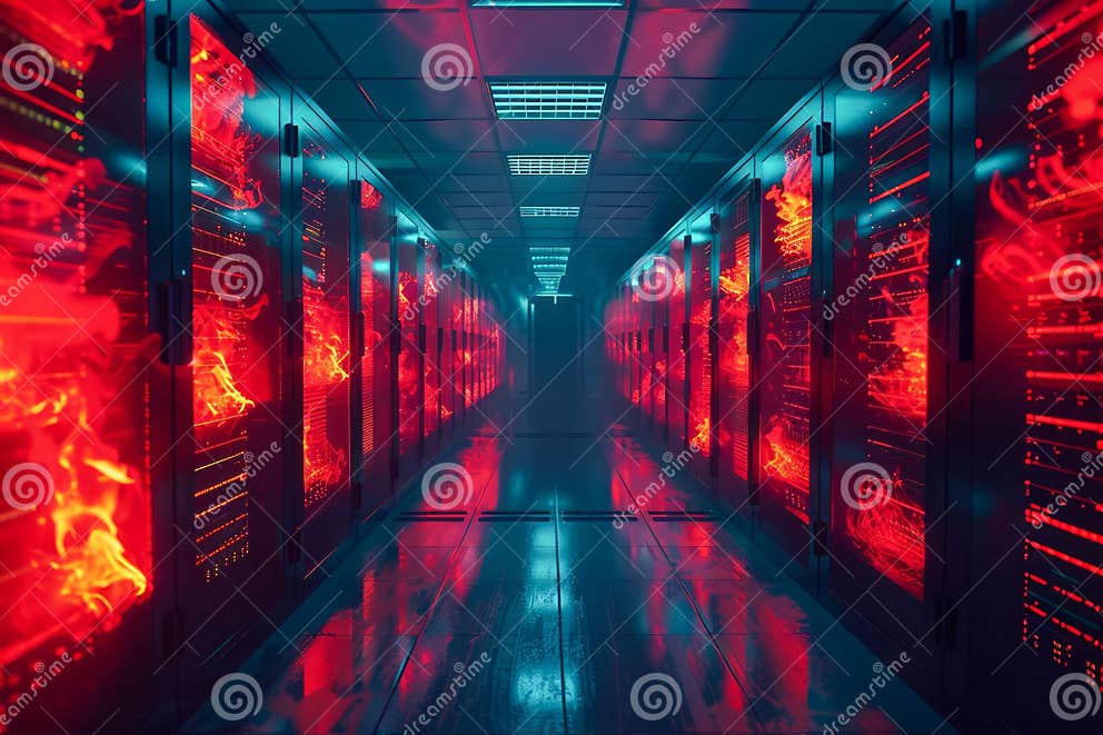 Futuristic Data Center Hall with Servers, Blue and Red Illuminated ...