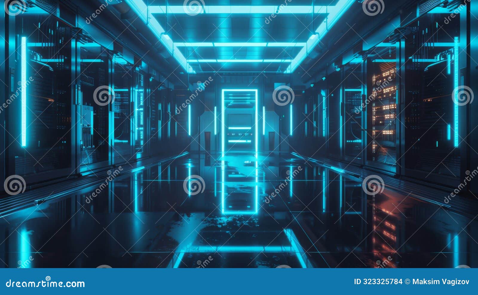 Futuristic Data Center Hallway with Blue Neon Lights, Generative AI Stock Photo - Image of ...