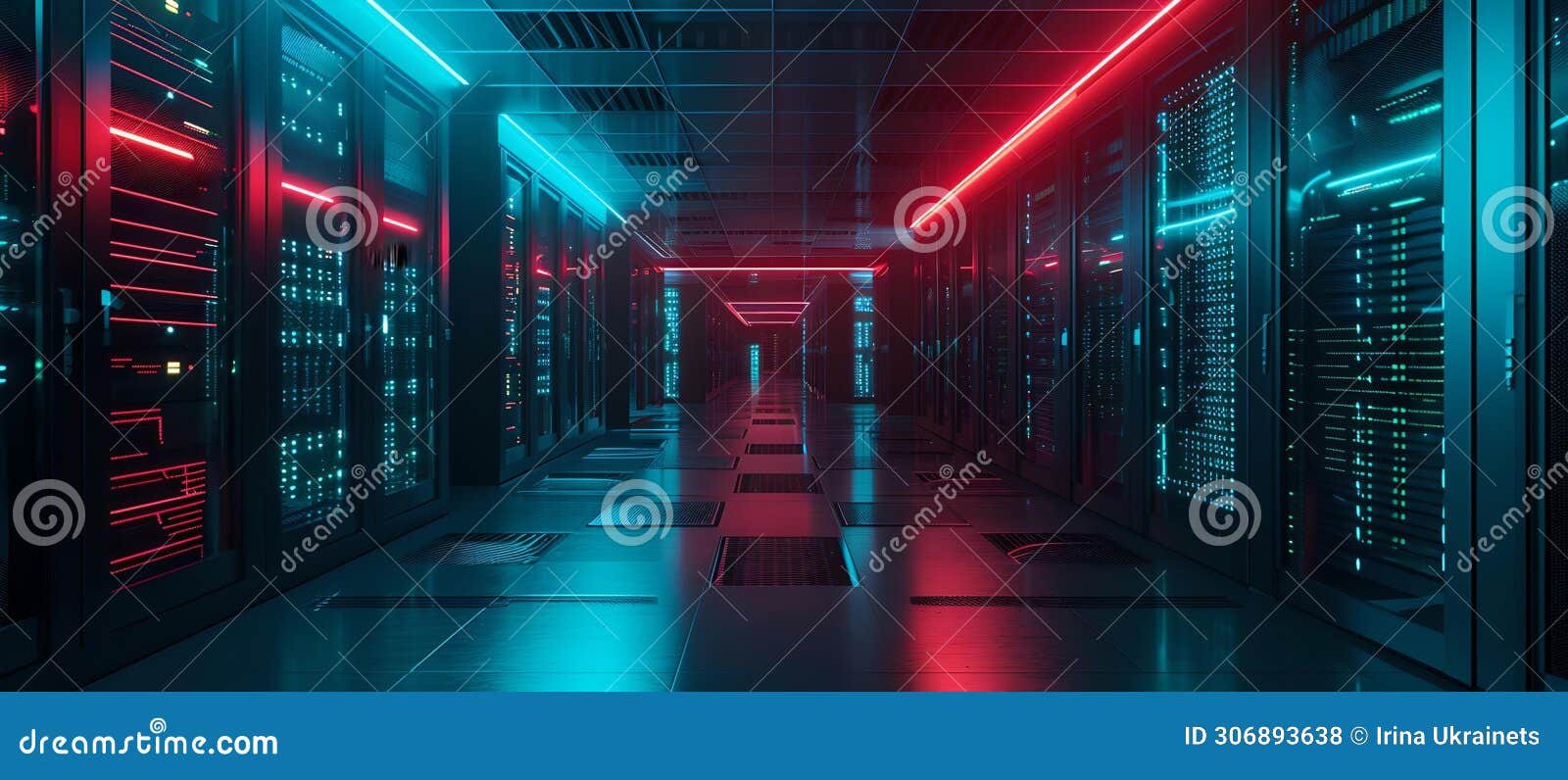 Futuristic Data Center Hallway Illuminated by Neon Lights. High-tech ...