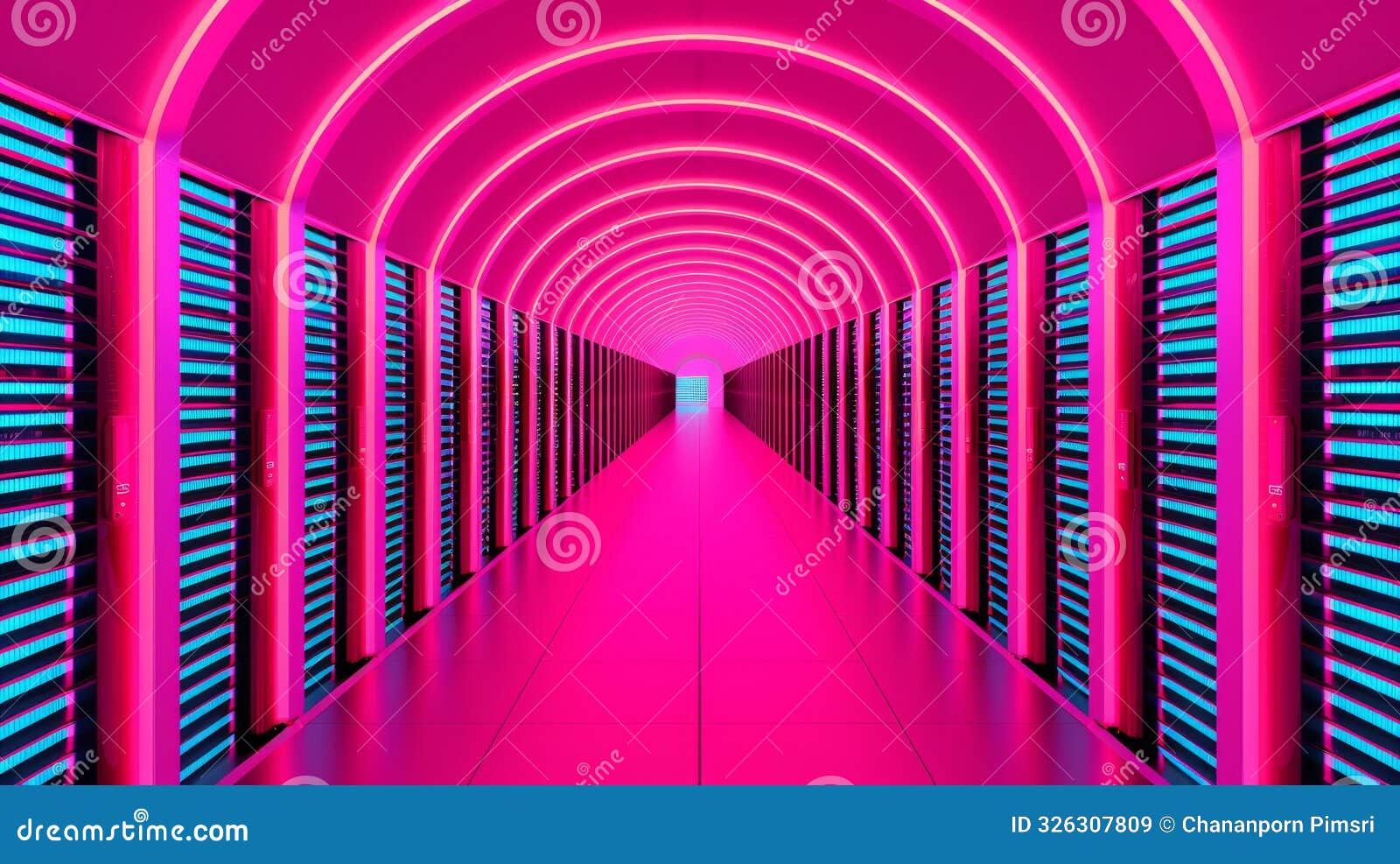 Futuristic Data Center Hallway with Vibrant Pink Lighting and Blue ...