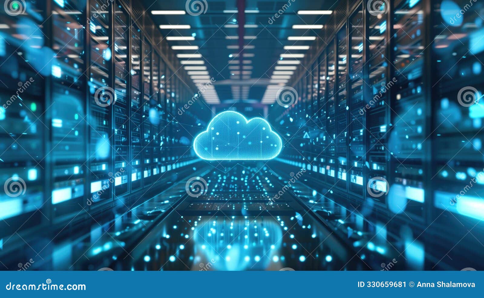 Futuristic Data Center with Holographic Cloud Symbol Glowing among Rows of Servers. Stock Image ...