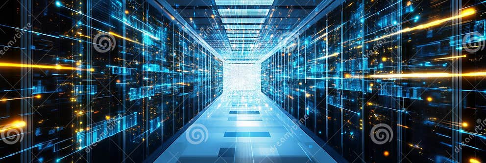 Futuristic Data Center Information Flow in a Server Room, Big Data, Cloud Computing Concept ...
