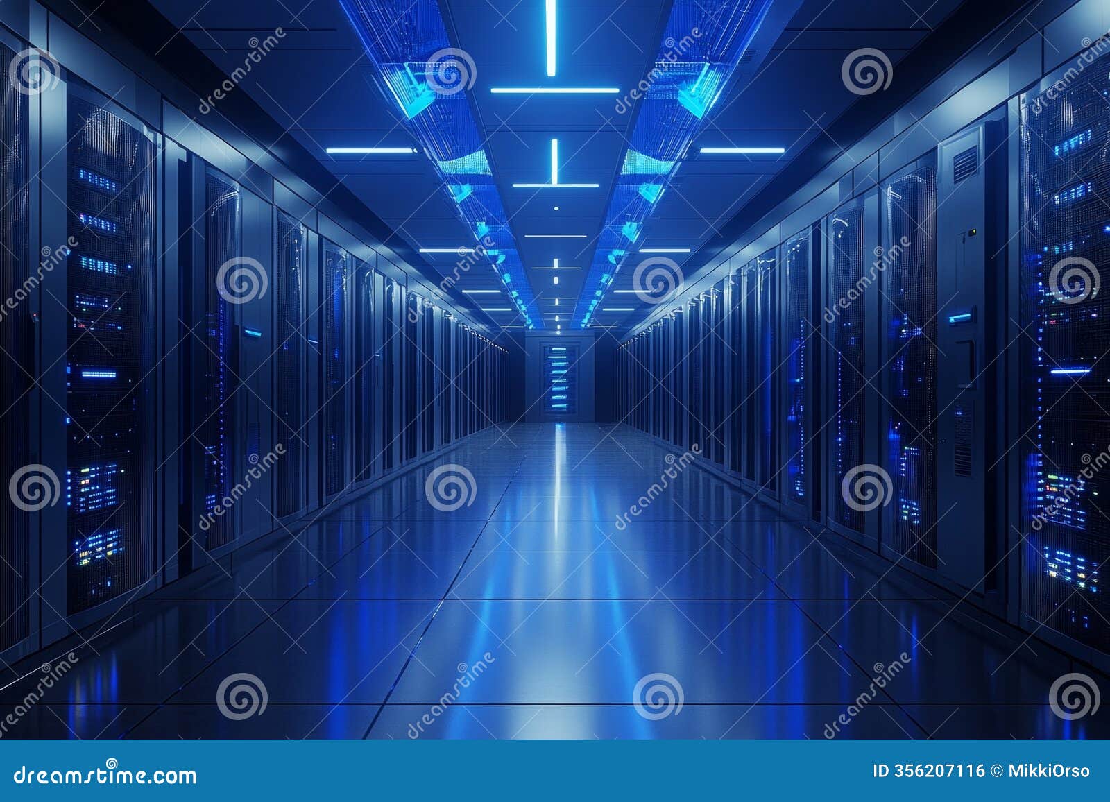 Futuristic Data Center Interior with High Tech Server Cabinets and Blue ...