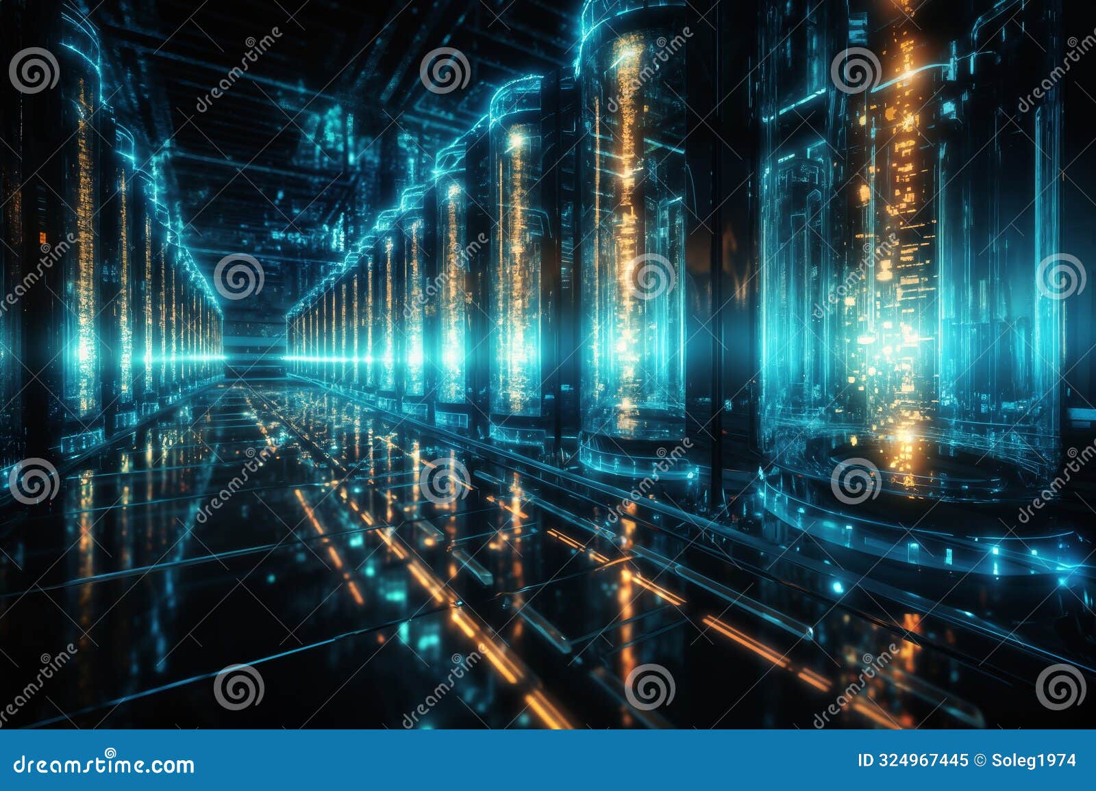 Futuristic Data Center with Light and Glow Reflected in Glass Surfaces ...