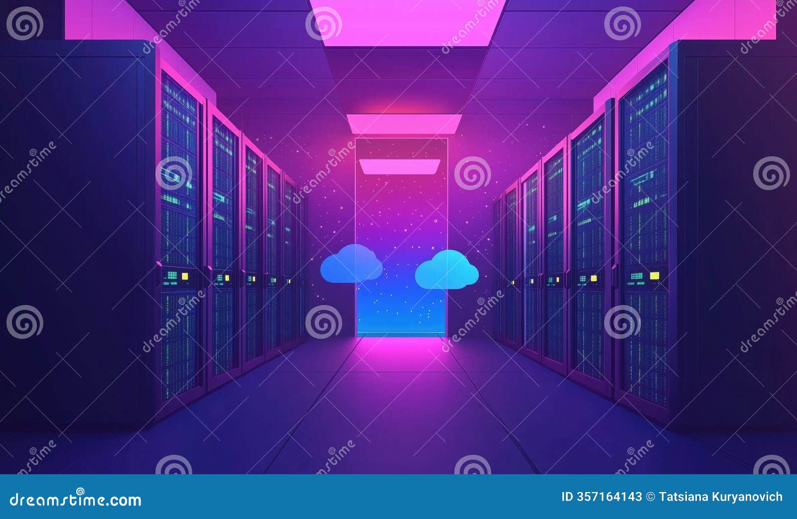 Futuristic Data Center with Neon Lights and Cloud Imagery, High-Tech ...