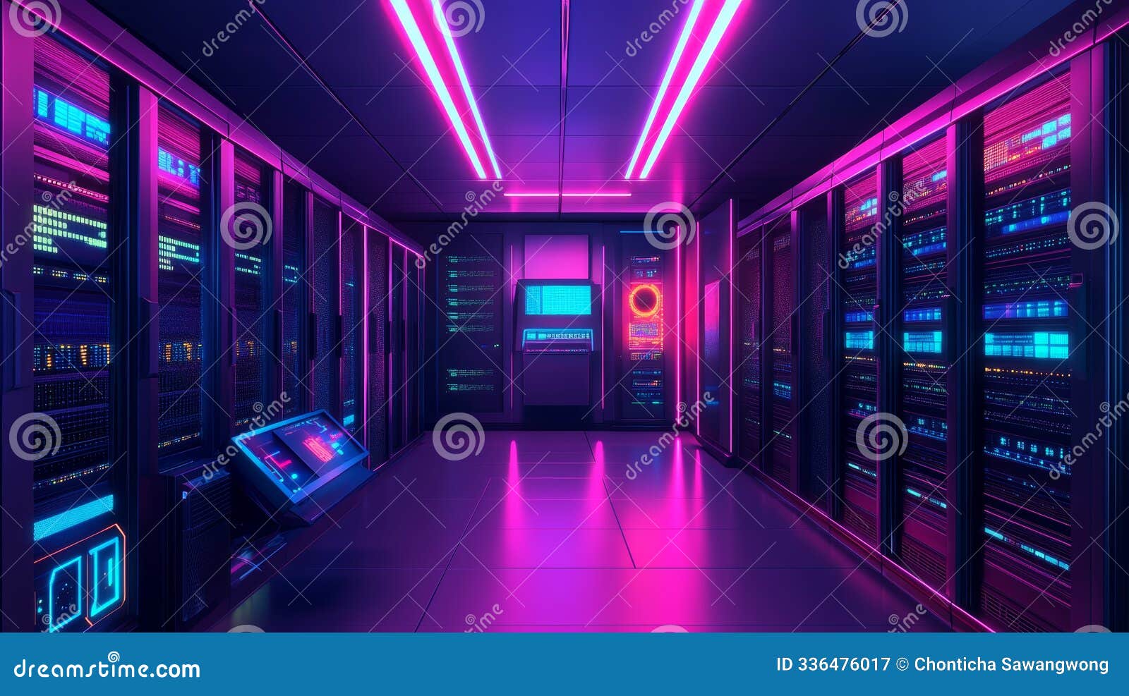 Futuristic Data Center with Neon Lights and Server Racks, Ideal for ...