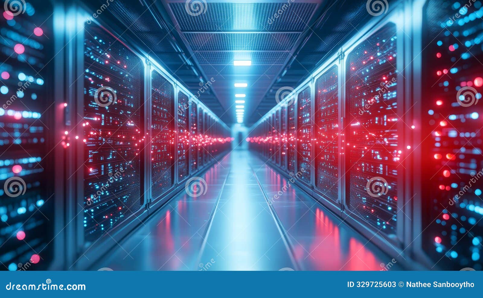 Futuristic Data Center with Red and Blue Lights Stock Illustration ...