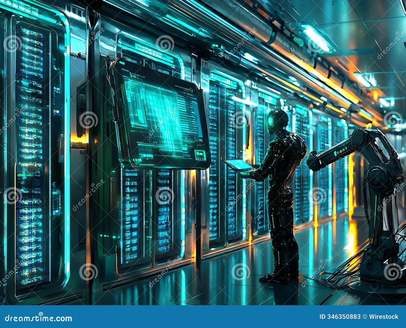 Futuristic Data Center with Robot Stock Illustration - Illustration of ...