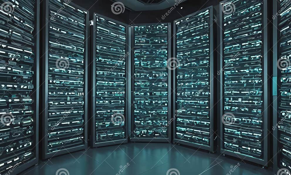 Futuristic Data Center with Rows Dark Blue Computer Servers ...