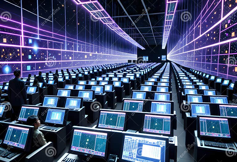 Futuristic Data Center with Neon Lights and Digital Displays Stock ...