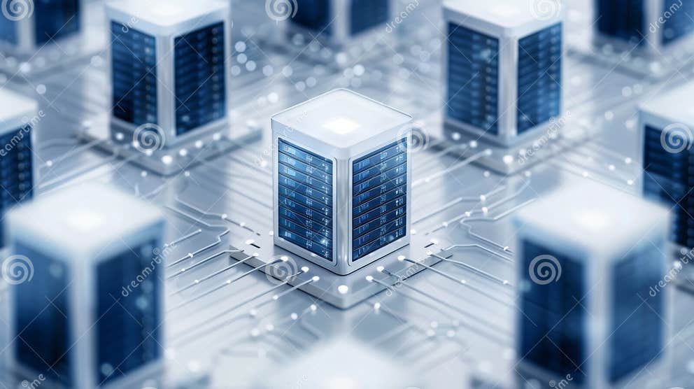 Futuristic Data Center Servers Connected on a Digital Grid, Symbolizing Cloud Computing and Data ...