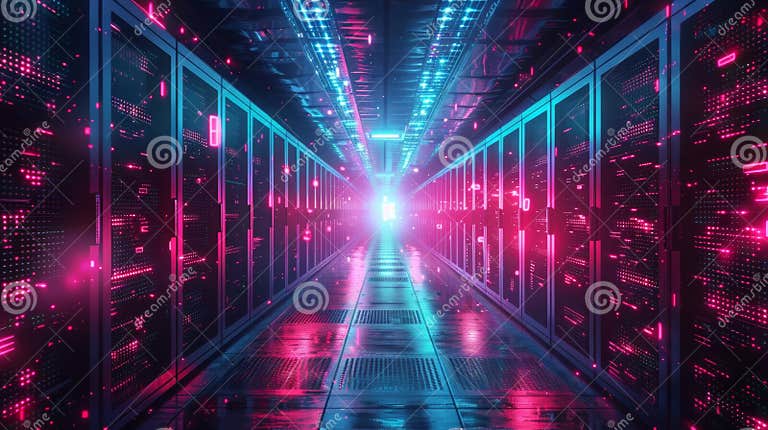 Futuristic Data Center with Vibrant Neon Lights Illuminating Rows of Servers, Highlighting ...