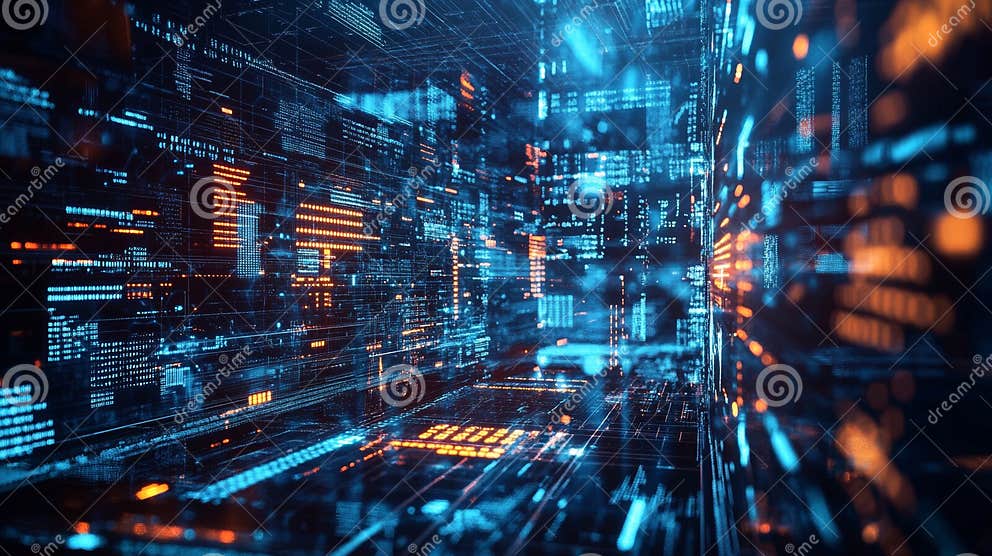 Futuristic Data Flow with Bright Orange and Blue Lights Stock Photo ...
