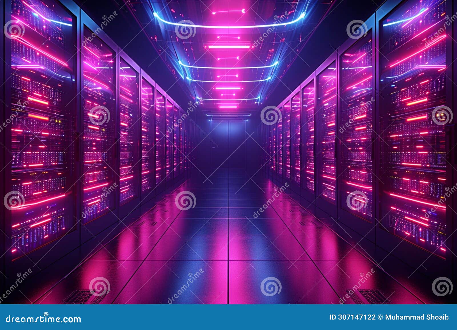 Futuristic Data Hub Neon Lit Server Room for Modern Technology ...