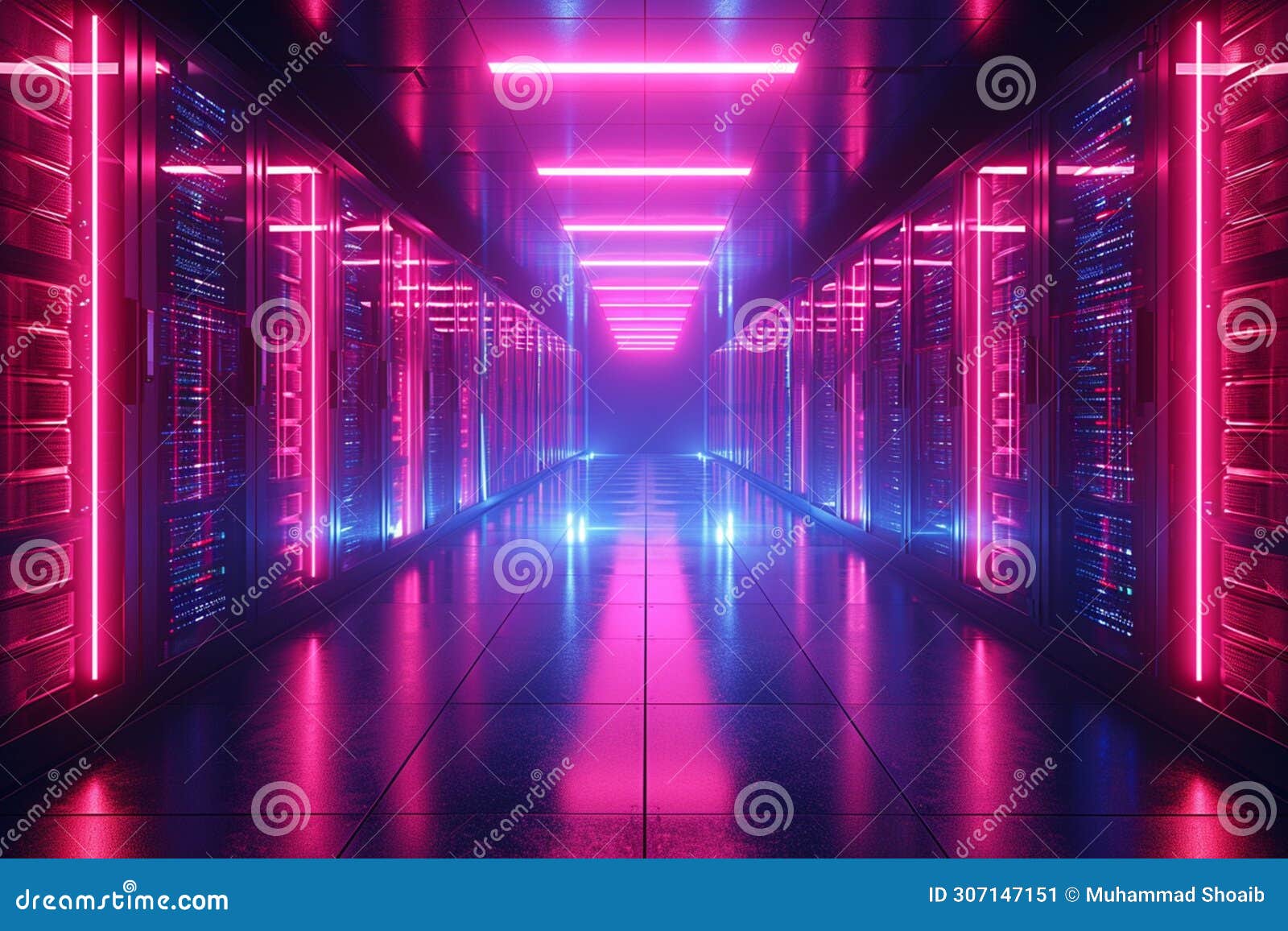 Futuristic Data Hub Neon Lit Server Room for Modern Technology ...