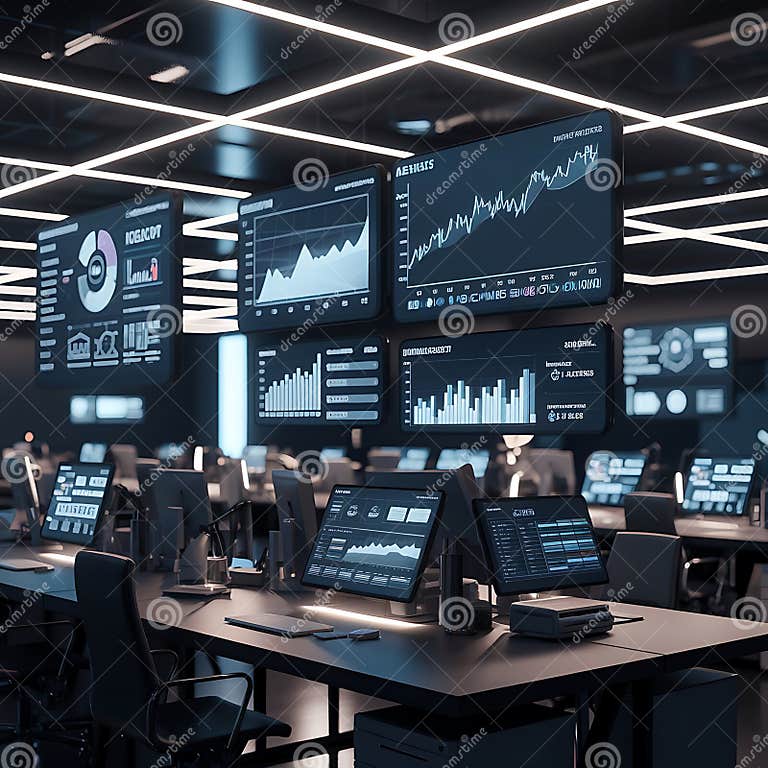 Futuristic Data Operations Hub Displaying Global Analytics and Interactive Dashboards. Stock ...