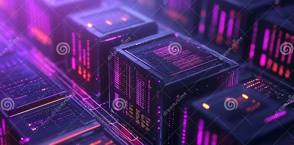 Futuristic Data Servers with Glowing Pink Lights and Screens Displaying ...