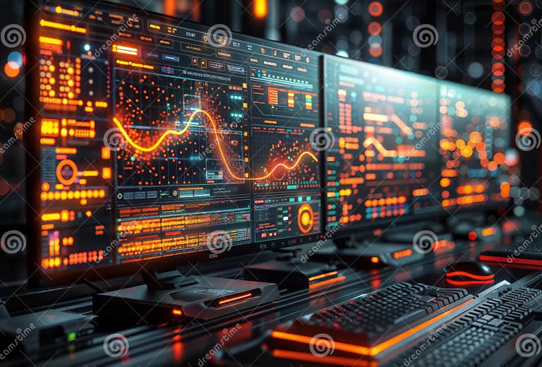 Futuristic Data Visualization on Curved Monitors in Dark Room ...