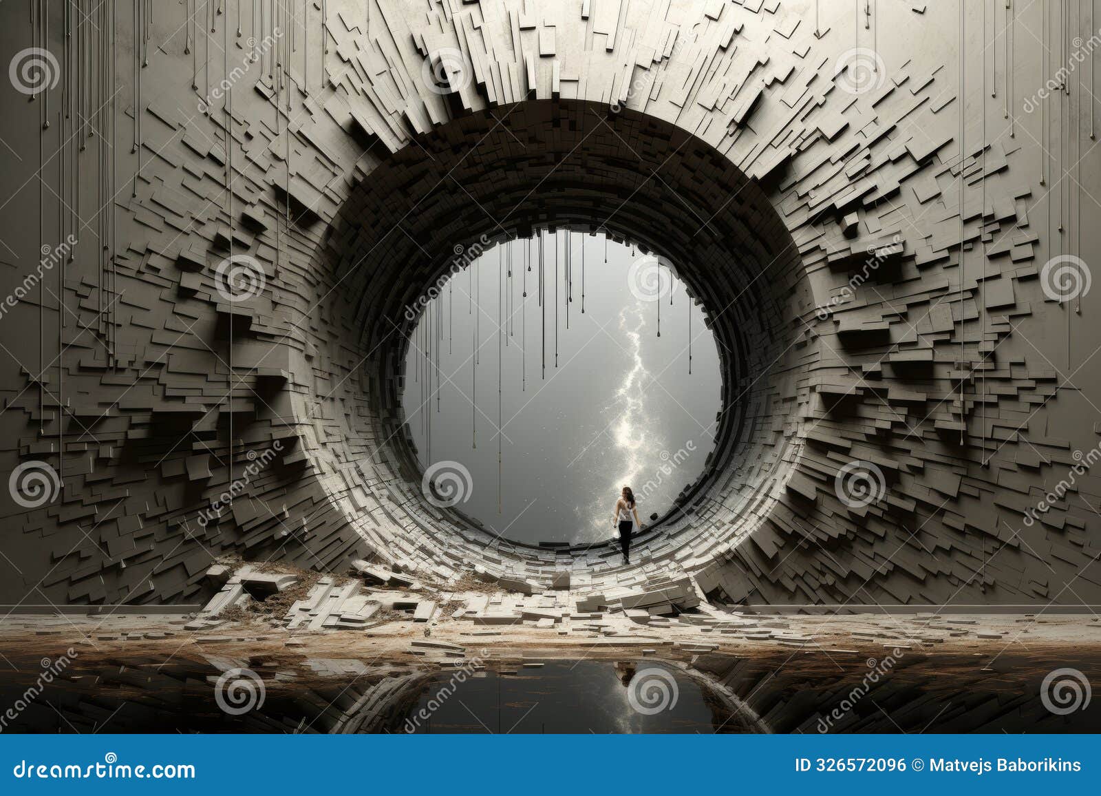 Futuristic Data Wave Bursting from Keyhole on Angled Barrier Wall ...