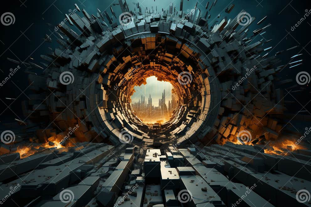 Futuristic Data Wave Bursting through Keyhole on Angled Barrier Wall ...