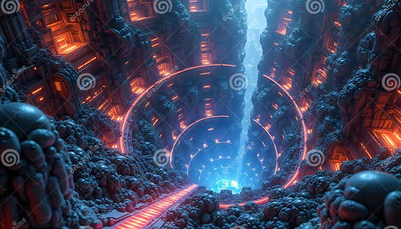Futuristic Deep Abyss with Glowing Structures and Luminous Water Source ...