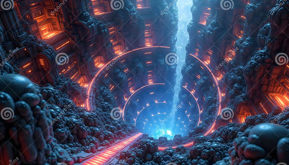 Futuristic Deep Abyss with Glowing Structures and Luminous Water Source ...