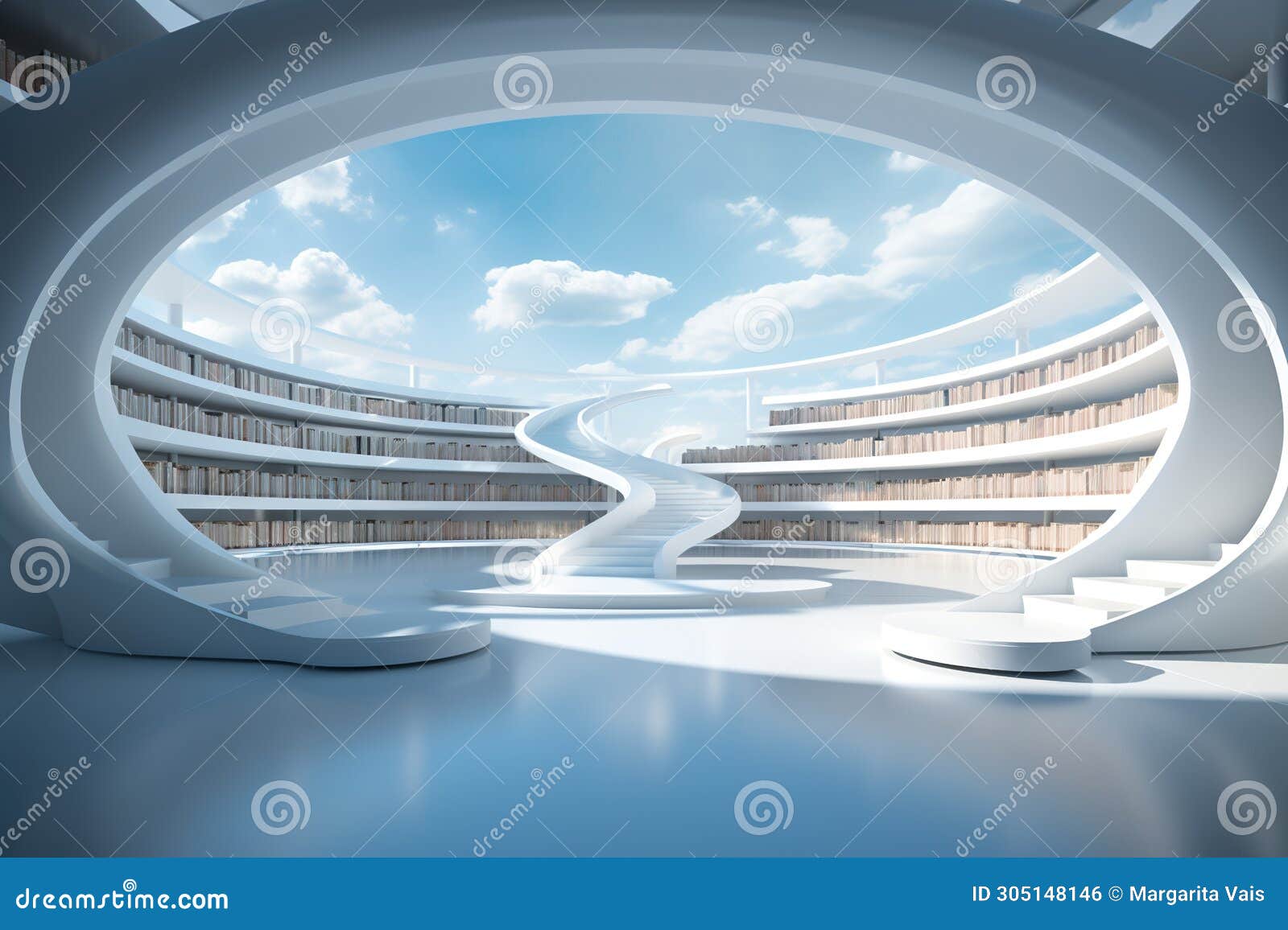 Futuristic Design of a Large Library Hall with a Round Arch and a Large ...