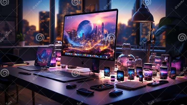 Futuristic Desktop Setup with Cityscape Screensaver and Multiple ...
