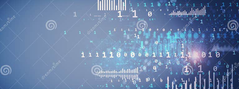 Futuristic Digital Background with Binary Code and Data Visualization on Blue Backdrop. 3D ...