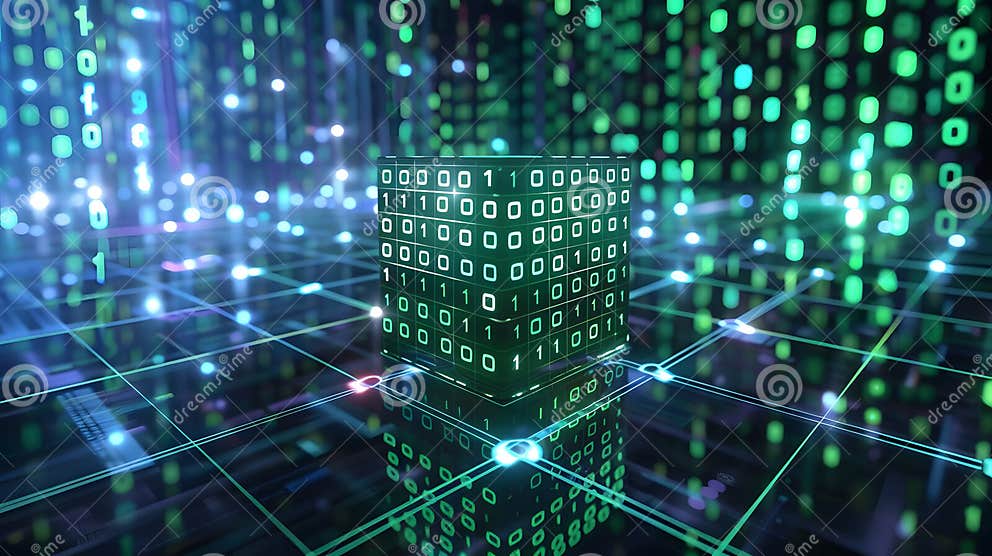 Binary Code Cube in Futuristic Digital Matrix Stock Illustration ...