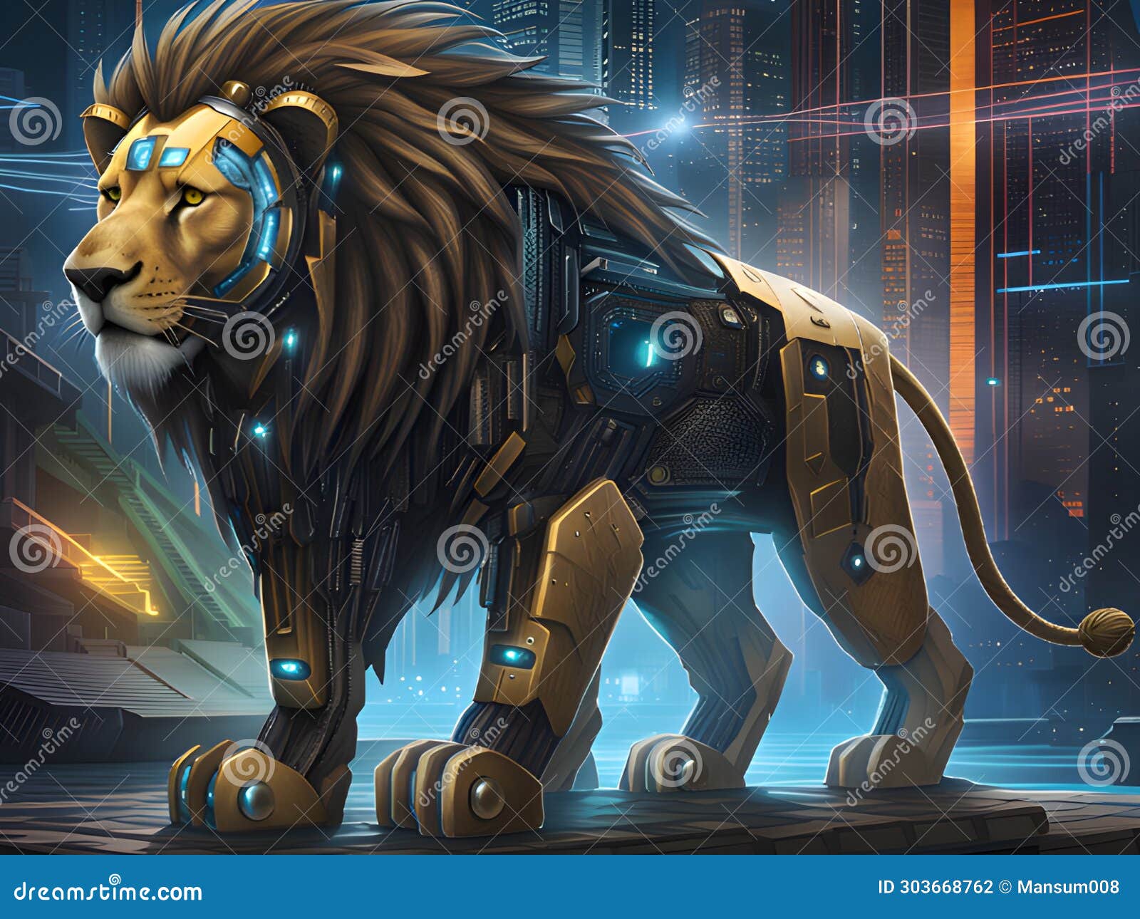 Futuristic Digital Background with a Lion Robot Stock Illustration ...