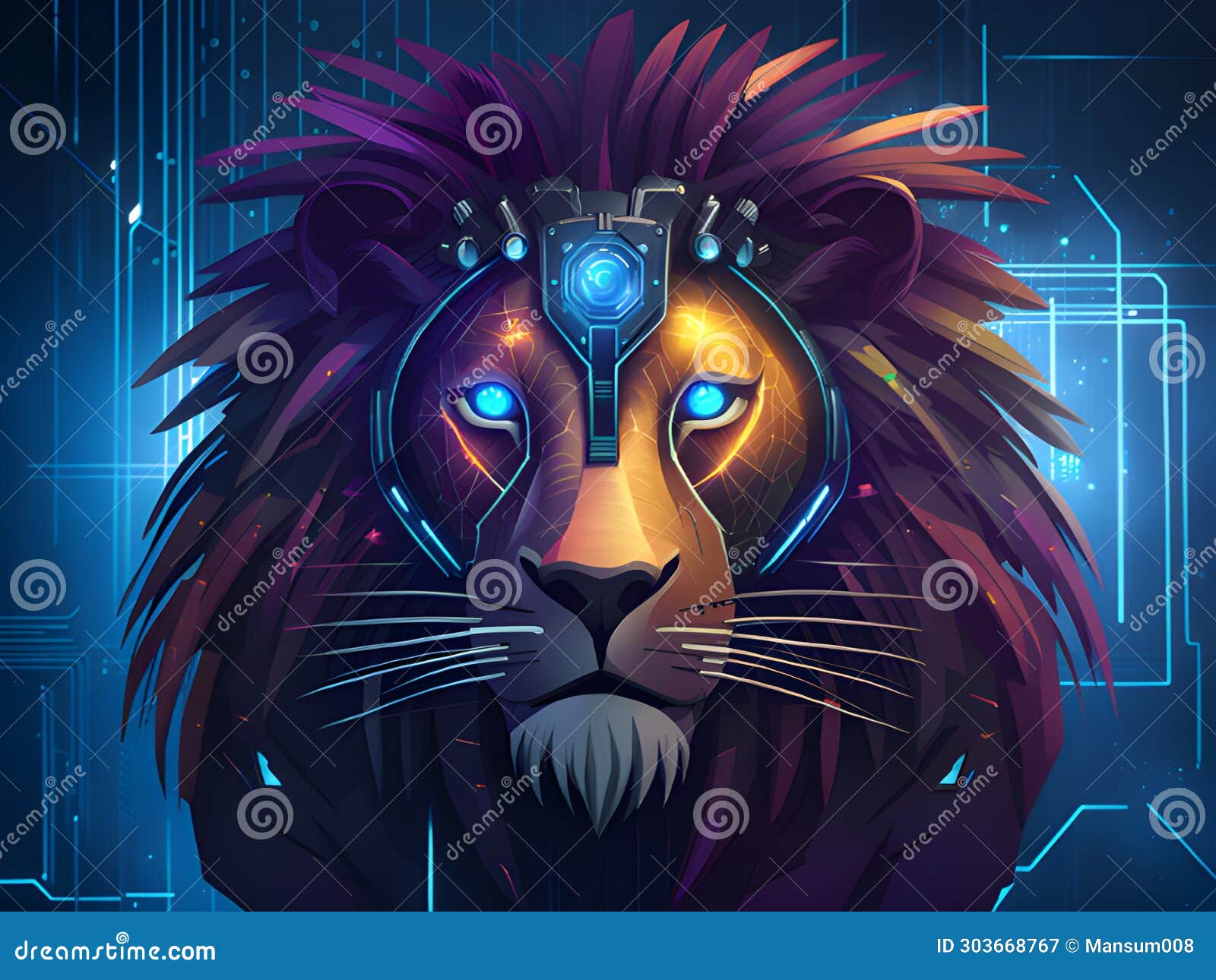 Futuristic Digital Background with a Lion Robot Stock Illustration ...