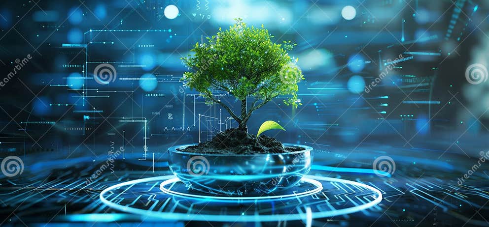 Futuristic Digital Background with a Tree in a High-tech Environment ...