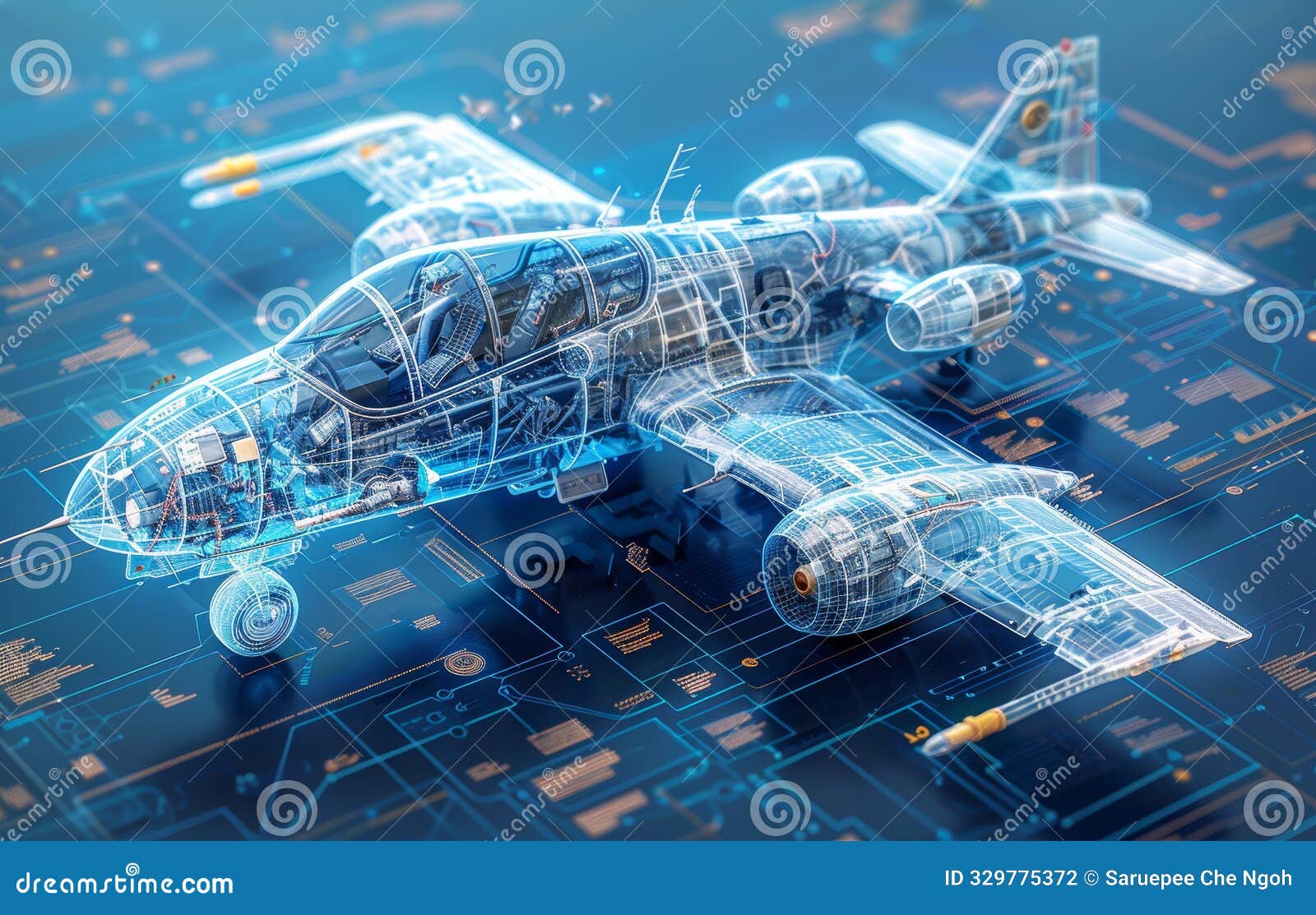 Futuristic Digital Blueprint of a Modern Aircraft with Technological ...