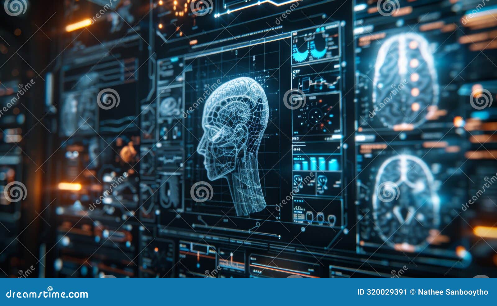 Futuristic Digital Brain Interface On A High-tech Screen Displaying ... Futuristic Digital Brain Interface On A High-tech Screen Displaying ...