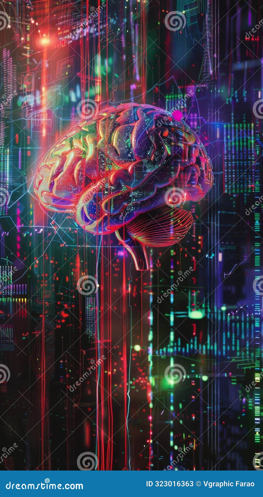 Futuristic Digital Brain with Neon Lights and Technological Background ...
