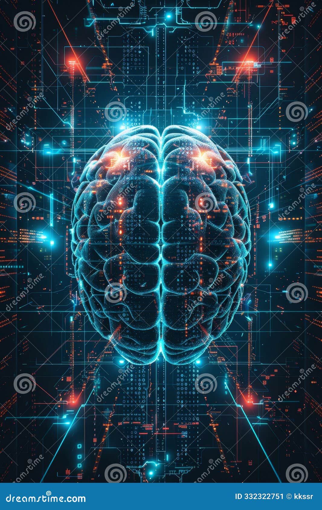 Futuristic Digital Brain Surrounded by Binary Code and Data Streams in a High-tech Design with ...