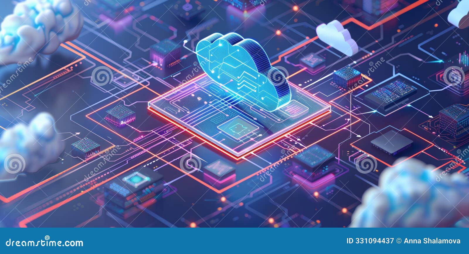 Futuristic Digital Circuit Board with a Glowing Cloud and ... Futuristic Digital Circuit Board with a Glowing Cloud and ...