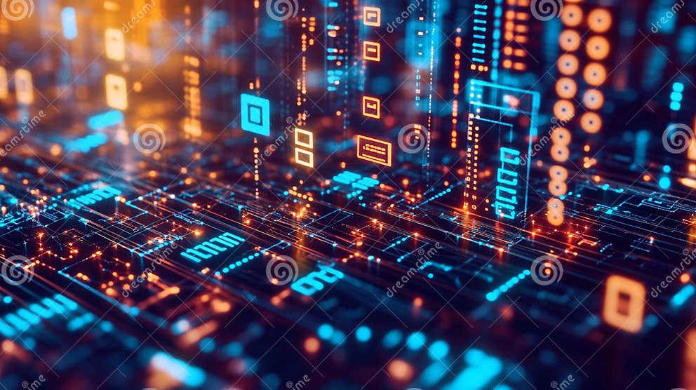 Abstract Digital Circuitry Glowing Orange Blue Technology Background Futuristic Network Data ...