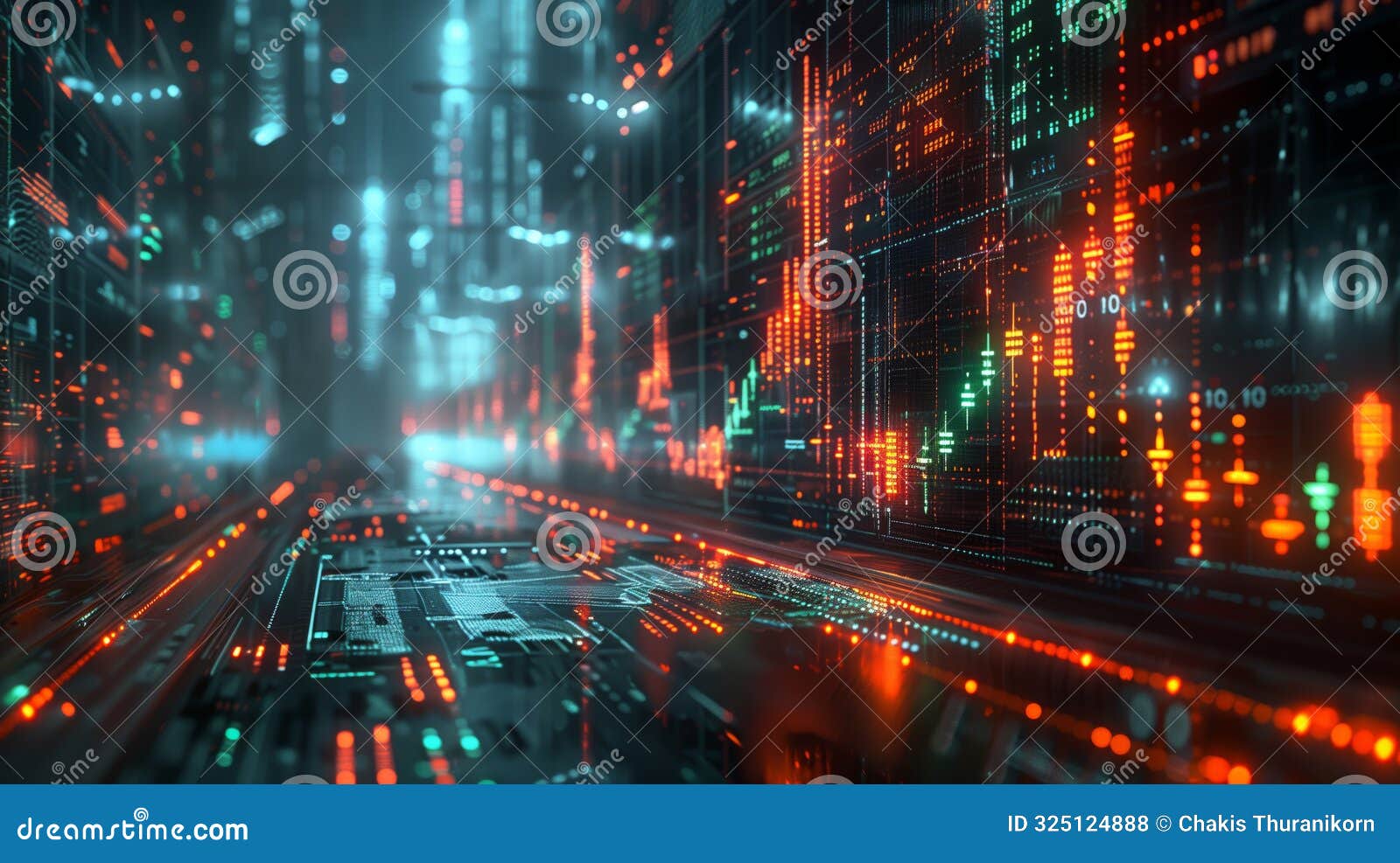 Futuristic Digital City with Glowing Binary Code and Circuit Patterns ...