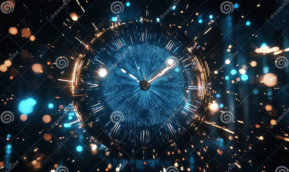 Futuristic Digital Clock with Glowing Particles and Data Streams Stock ...