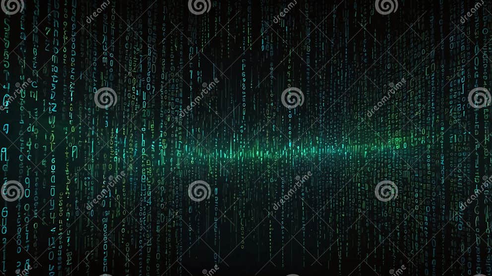 Futuristic Digital Code Rain with Glowing Green and Blue Binary Numbers ...